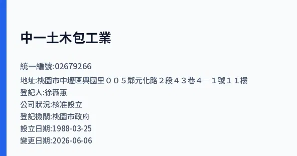 中一土木包工業的照片-統編 02679266(桃園市) 公司登記資料與營業項目詳細圖表