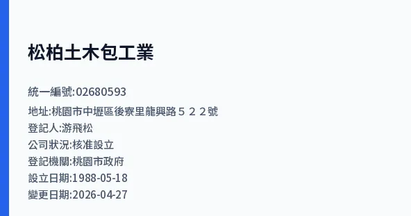 松柏土木包工業的照片-統編 02680593(桃園市) 公司登記資料與營業項目詳細圖表