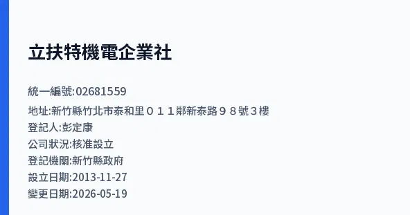 立扶特機電企業社的照片-統編 02681559(新竹縣) 公司登記資料與營業項目詳細圖表