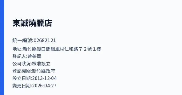 東誠燒臘店的照片-統編 02682121(新竹縣) 公司登記資料與營業項目詳細圖表