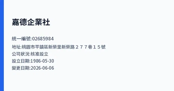 嘉德企業社的照片-統編 02685984(桃園市) 公司登記資料與營業項目詳細圖表