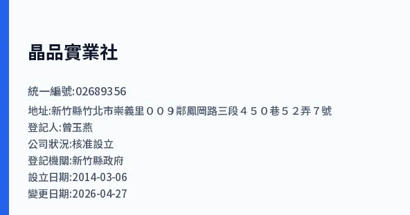 晶品實業社的照片-統編 02689356(新竹縣) 公司登記資料與營業項目詳細圖表
