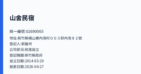 山舍民宿的照片-統編 02690065(新竹縣) 公司登記資料與營業項目詳細圖表