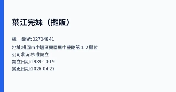 葉江完妹(攤販)的照片-統編 02704841(桃園市) 公司登記資料與營業項目詳細圖表