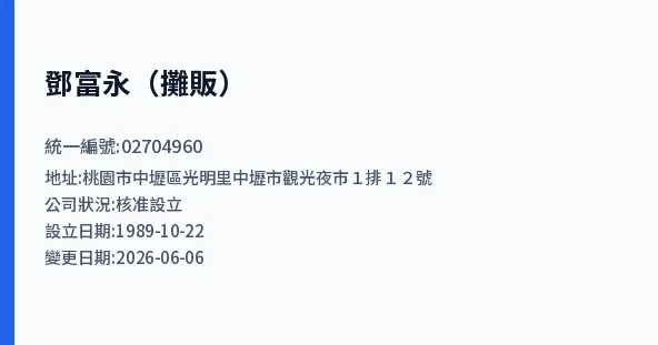 鄧富永(攤販)的照片-統編 02704960(桃園市) 公司登記資料與營業項目詳細圖表