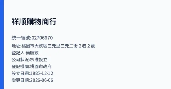 祥順購物商行的照片-統編 02706670(桃園市) 公司登記資料與營業項目詳細圖表