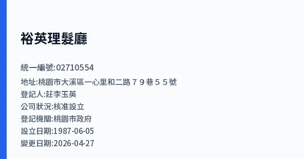 裕英理髮廳的照片-統編 02710554(桃園市) 公司登記資料與營業項目詳細圖表