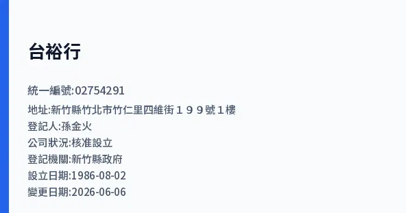 台裕行的照片-統編 02754291(新竹縣) 公司登記資料與營業項目詳細圖表