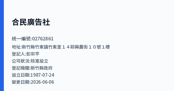 合民廣告社的照片-統編 02762861(新竹縣) 公司登記資料與營業項目詳細圖表