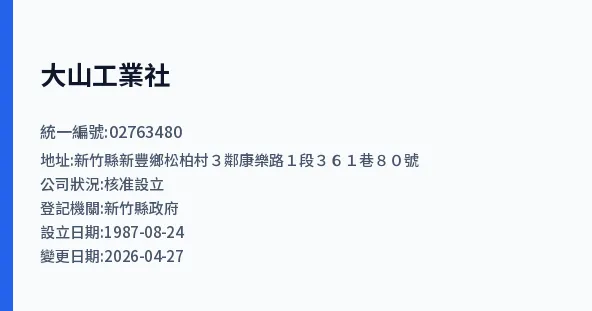 大山工業社的照片-統編 02763480(新竹縣) 公司登記資料與營業項目詳細圖表