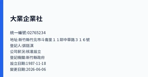 大業企業社的照片-統編 02765234(新竹縣) 公司登記資料與營業項目詳細圖表