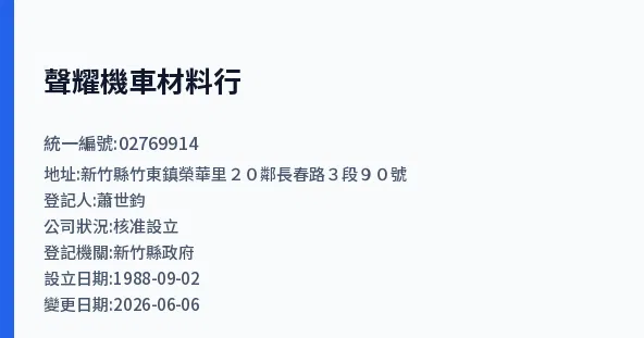 聲耀機車材料行的照片-統編 02769914(新竹縣) 公司登記資料與營業項目詳細圖表