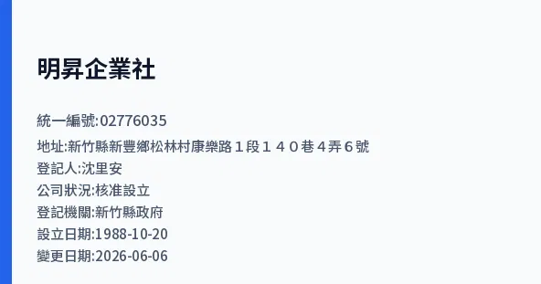 明昇企業社的照片-統編 02776035(新竹縣) 公司登記資料與營業項目詳細圖表