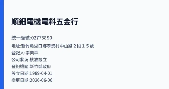 順鈿電機電料五金行的照片-統編 02778890(新竹縣) 公司登記資料與營業項目詳細圖表