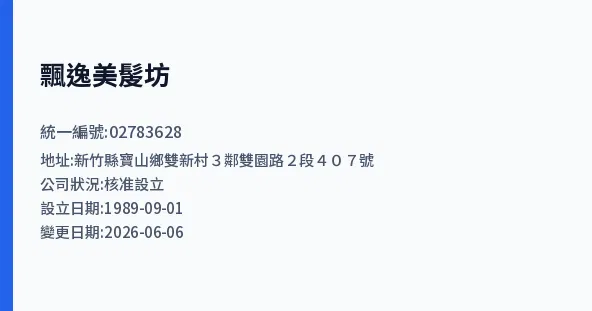 飄逸美髲坊的照片-統編 02783628(新竹縣) 公司登記資料與營業項目詳細圖表