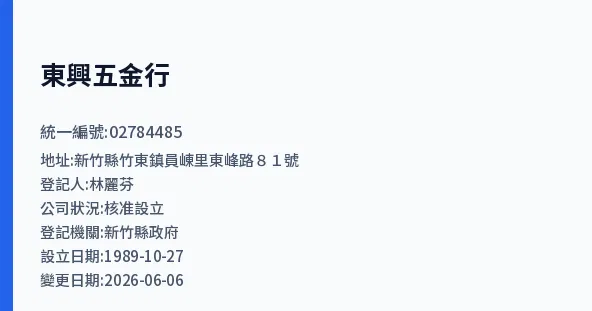 東興五金行的照片-統編 02784485(新竹縣) 公司登記資料與營業項目詳細圖表