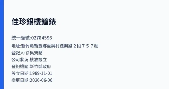 佳珍銀樓鐘錶的照片-統編 02784598(新竹縣) 公司登記資料與營業項目詳細圖表