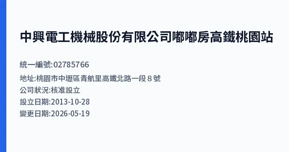 中興電工機械股份有限公司嘟嘟房高鐵桃園站的照片-統編 02785766(桃園市) 公司登記資料與營業項目詳細圖表