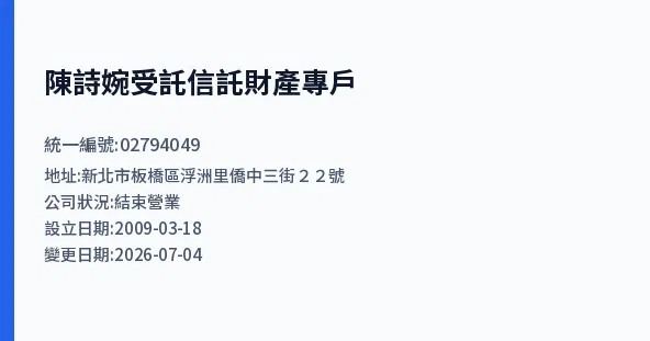 陳詩婉受託信託財產專戶的照片-統編 02794049(新北市) 公司登記資料與營業項目詳細圖表