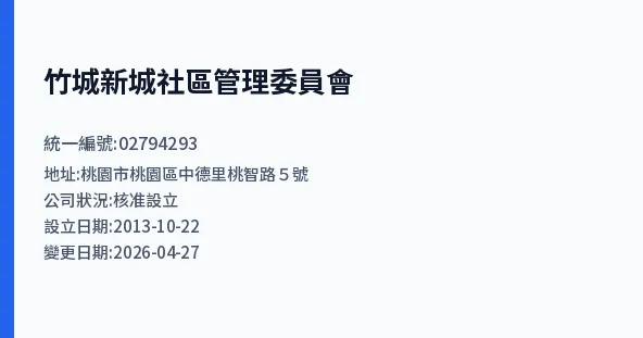 竹城新城社區管理委員會的照片-統編 02794293(桃園市) 公司登記資料與營業項目詳細圖表