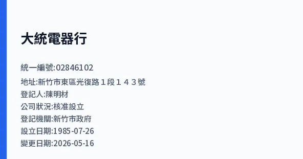 大統電器行的照片-統編 02846102(新竹市) 公司登記資料與營業項目詳細圖表