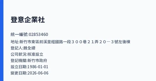 登意企業社的照片-統編 02853460(新竹市) 公司登記資料與營業項目詳細圖表