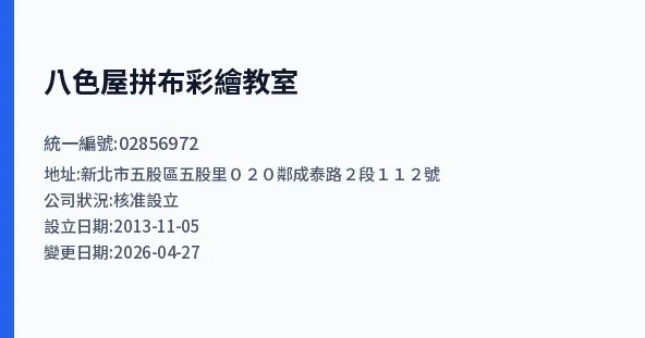 八色屋拼布彩繪教室的照片-統編 02856972(新北市) 公司登記資料與營業項目詳細圖表