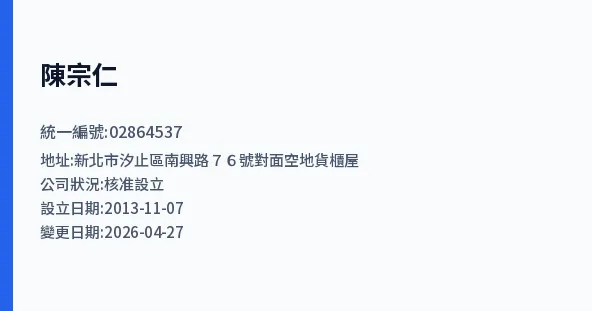陳宗仁的照片-統編 02864537(新北市) 公司登記資料與營業項目詳細圖表