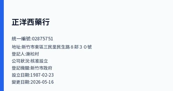 正洋西藥行的照片-統編 02875751(新竹市) 公司登記資料與營業項目詳細圖表