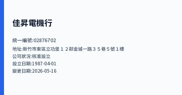 佳昇電機行的照片-統編 02876702(新竹市) 公司登記資料與營業項目詳細圖表