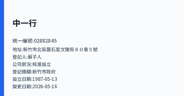 中一行的照片-統編 02882845(新竹市) 公司登記資料與營業項目詳細圖表