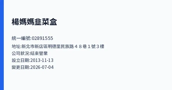 楊媽媽韭菜盒的照片-統編 02891555(新北市) 公司登記資料與營業項目詳細圖表