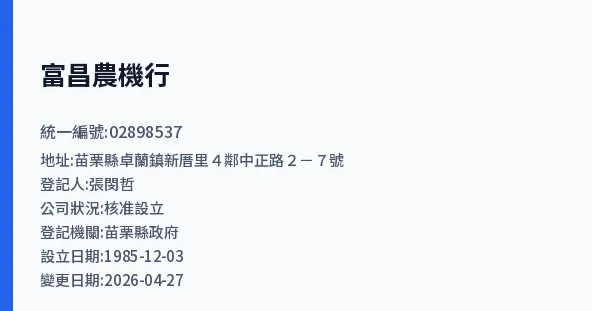 富昌農機行的照片-統編 02898537(苗栗縣) 公司登記資料與營業項目詳細圖表