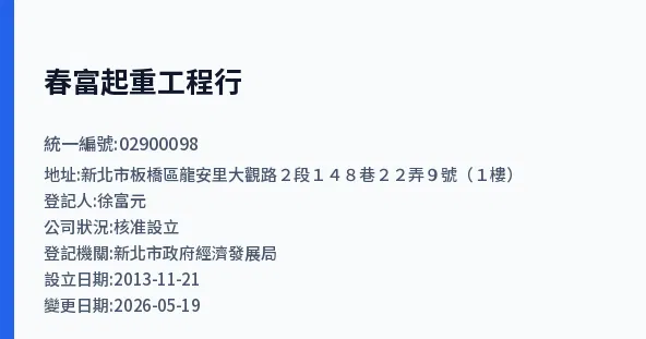 春富起重工程行的照片-統編 02900098(新北市) 公司登記資料與營業項目詳細圖表