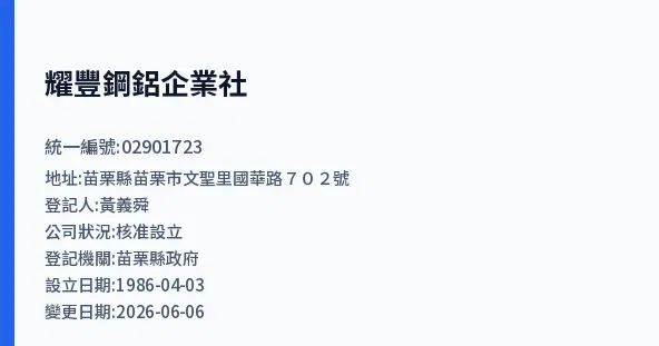 耀豐鋼鋁企業社的照片-統編 02901723(苗栗縣) 公司登記資料與營業項目詳細圖表