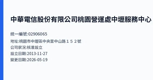 中華電信股份有限公司桃園營運處中壢服務中心的照片-統編 02906065(桃園市) 公司登記資料與營業項目詳細圖表