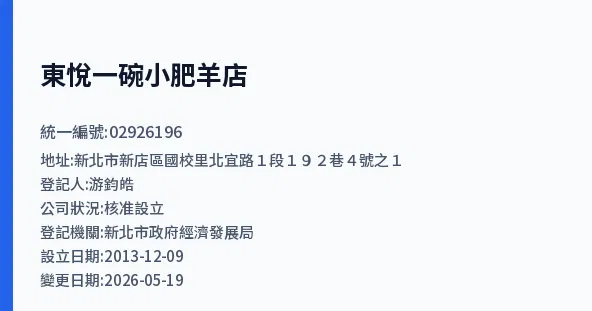 東悅一碗小肥羊店的照片-統編 02926196(新北市) 公司登記資料與營業項目詳細圖表