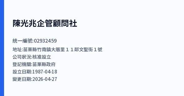 陳光兆企管顧問社的照片-統編 02932459(苗栗縣) 公司登記資料與營業項目詳細圖表