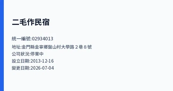 二毛作民宿的照片-統編 02934013(金門縣) 公司登記資料與營業項目詳細圖表