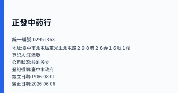 正發中葯行的照片-統編 02951363(臺中市) 公司登記資料與營業項目詳細圖表