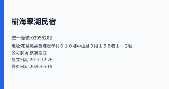 樹海翠湖民宿的照片-統編 02955282(花蓮縣) 公司登記資料與營業項目詳細圖表