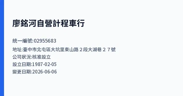 廖銘河自營計程車行的照片-統編 02955683(臺中市) 公司登記資料與營業項目詳細圖表