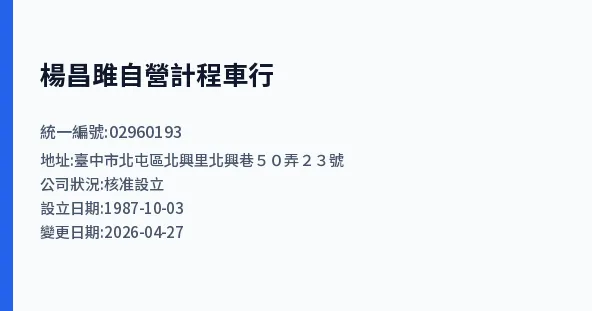 楊昌雎自營計程車行的照片-統編 02960193(臺中市) 公司登記資料與營業項目詳細圖表