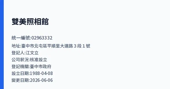 雙美照相館的照片-統編 02963332(臺中市) 公司登記資料與營業項目詳細圖表