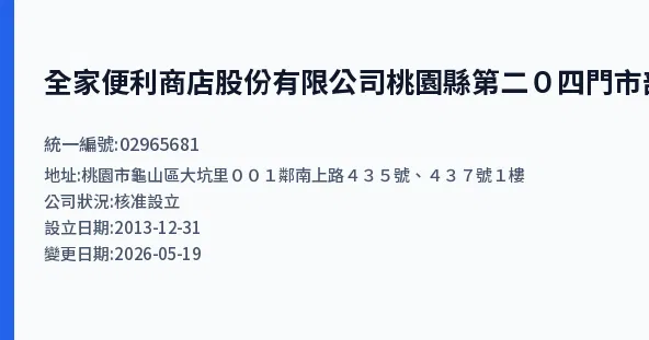 全家便利商店股份有限公司桃園縣第二0四門市部的照片-統編 02965681(桃園市) 公司登記資料與營業項目詳細圖表