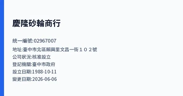 慶隆砂輪商行的照片-統編 02967007(臺中市) 公司登記資料與營業項目詳細圖表