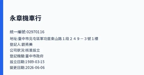永章機車行的照片-統編 02970116(臺中市) 公司登記資料與營業項目詳細圖表