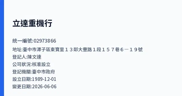 立達重機行的照片-統編 02973866(臺中市) 公司登記資料與營業項目詳細圖表