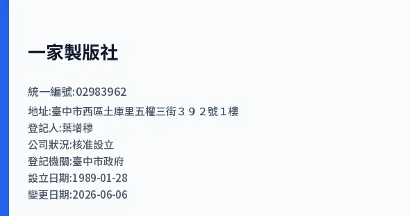 一家製版社的照片-統編 02983962(臺中市) 公司登記資料與營業項目詳細圖表