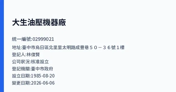 大生油壓機器廠的照片-統編 02999021(臺中市) 公司登記資料與營業項目詳細圖表